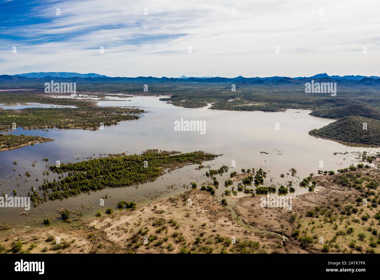 Aerial view of El Molinito Dam in Sonora, Mexico. Valley and green ...