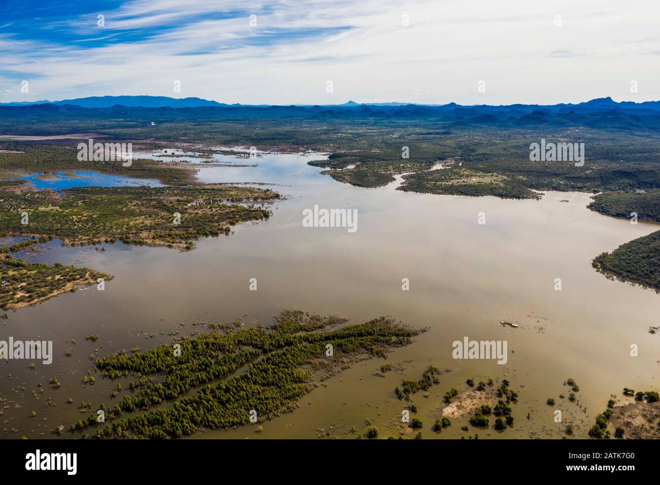 Aerial view of El Molinito Dam in Sonora, Mexico. Valley and green ...