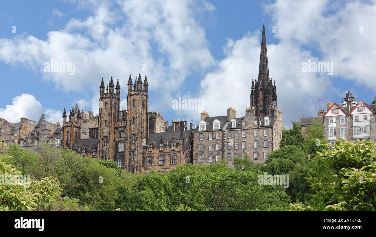 Cityscape of Edinburgh with New College and spire of former Tolbooth ...