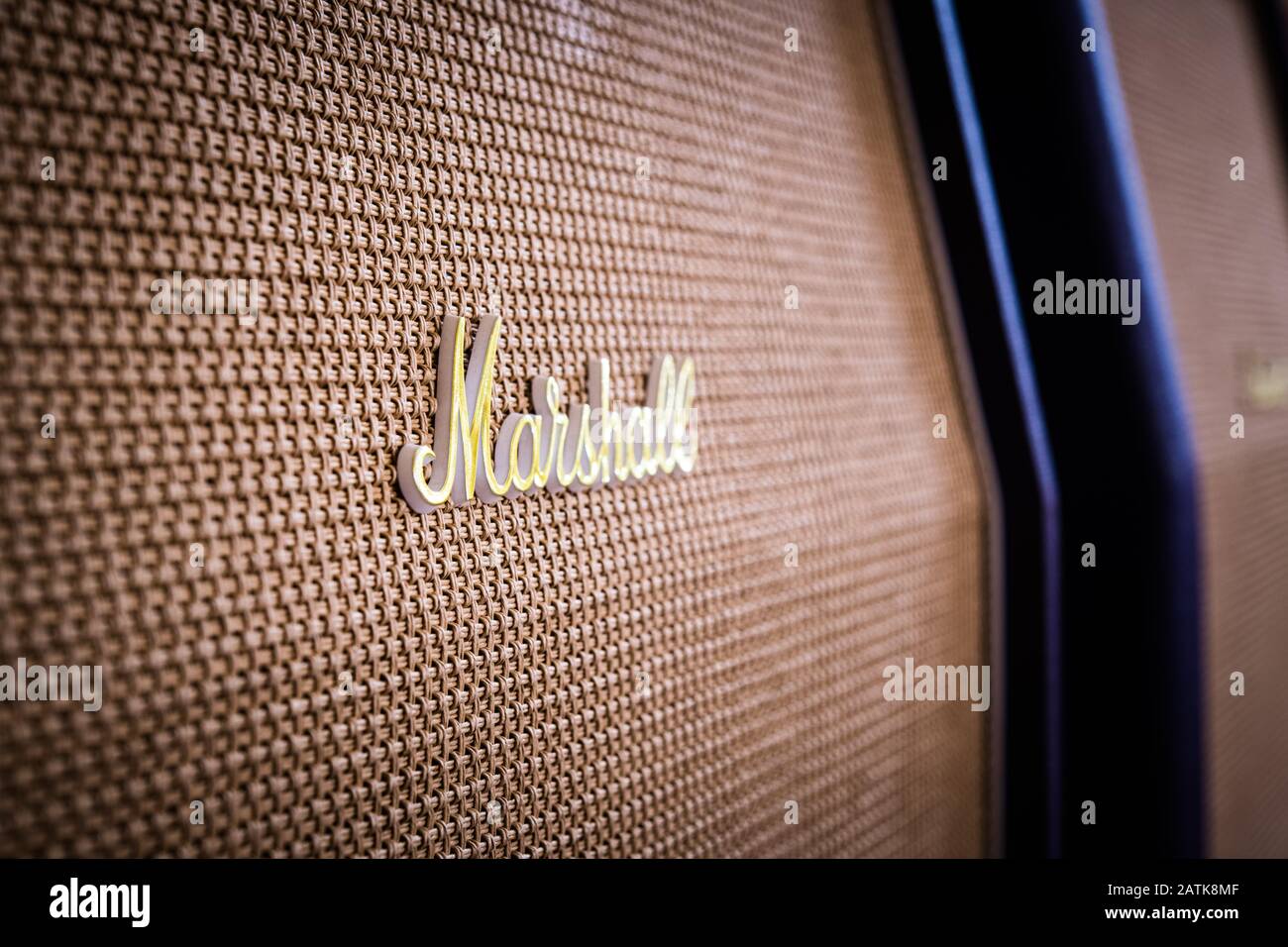 Rome, Italy, february 2nd 2020. Marshall stage guitar amplifier logo ...