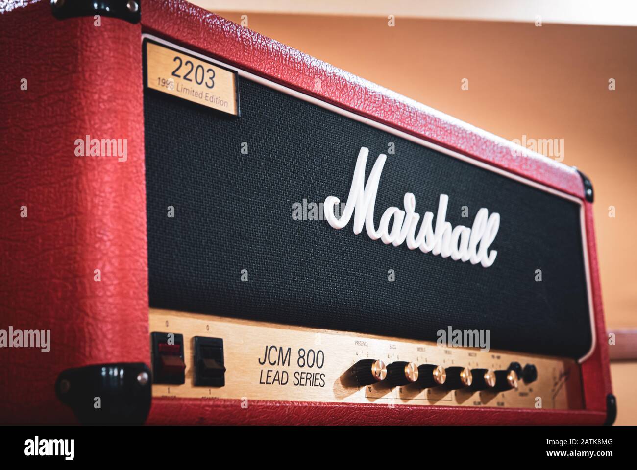 Rome, Italy, february 2nd 2020. Marshall stage guitar amplifier logo ...