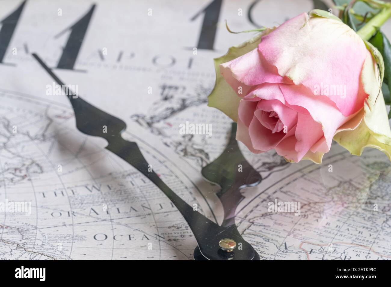 pink rose on a clock face, clock hands Stock Photo - Alamy