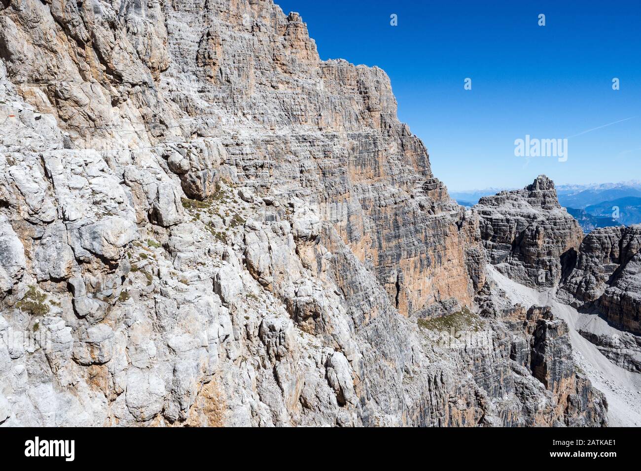 Fixed-rope Route, climbing a via ferrata route. Italian Alps. Mountain ...