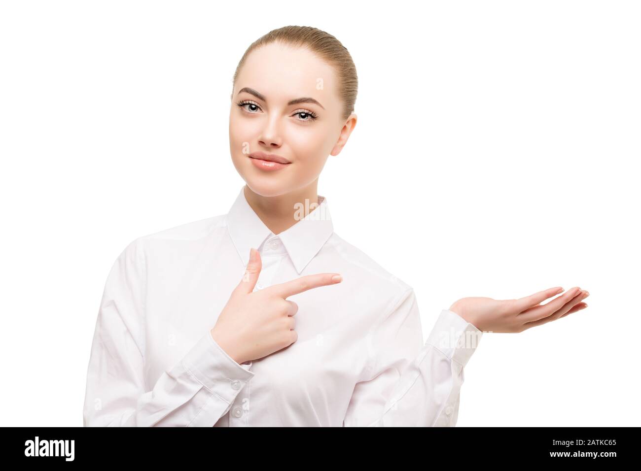 Beauty business woman portrait. Proposing a product. Beautiful girl ...