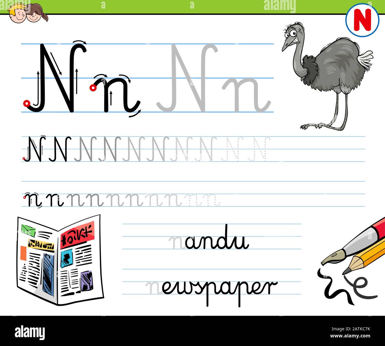 Cartoon Illustration of Writing Skills Practice with Letter N for ...