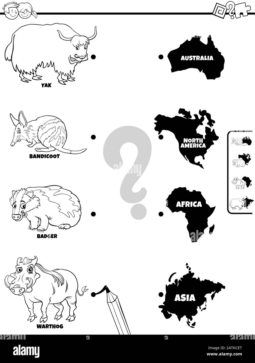 Black and White Cartoon Illustration of Educational Matching Game for ...