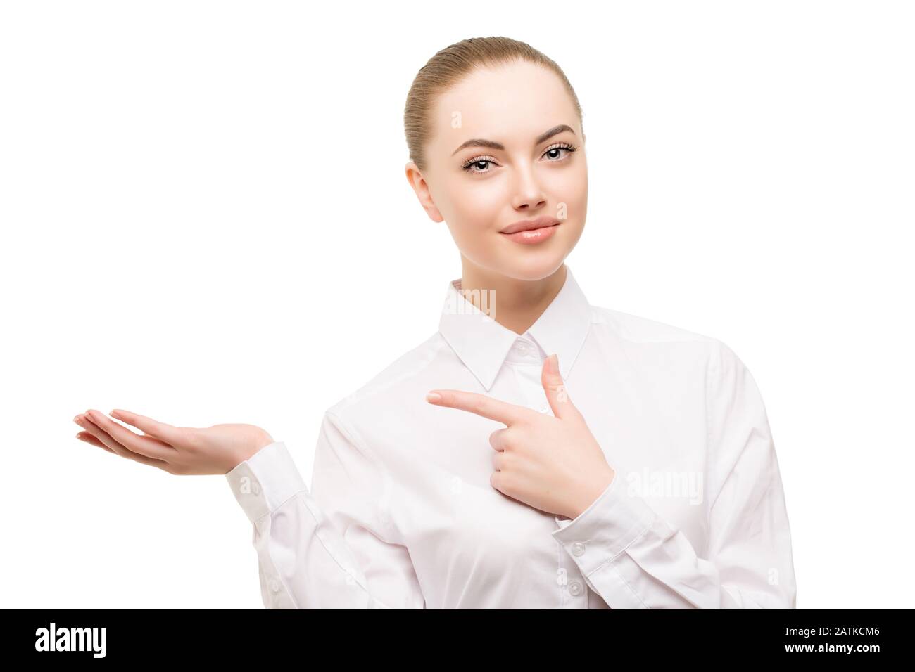 Beauty business woman portrait. Proposing a product. Beautiful girl ...