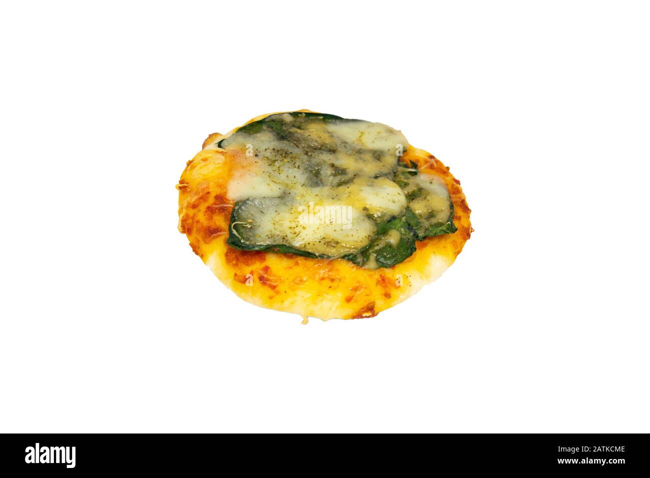 Small mini pizza with spinach and cheese isoleted on white background ...