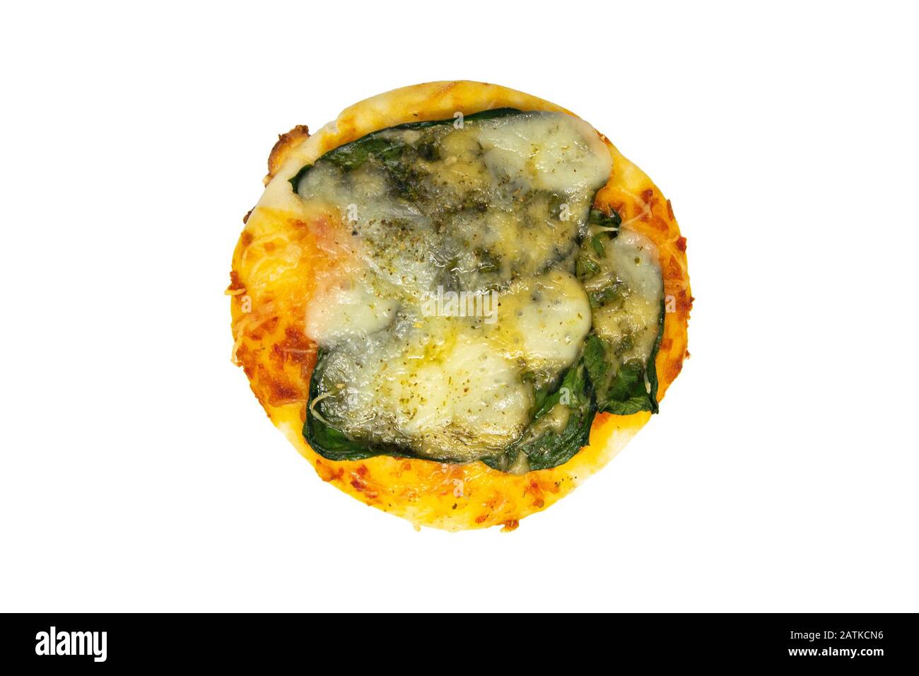 Small mini pizza with spinach and cheese isoleted on white background ...