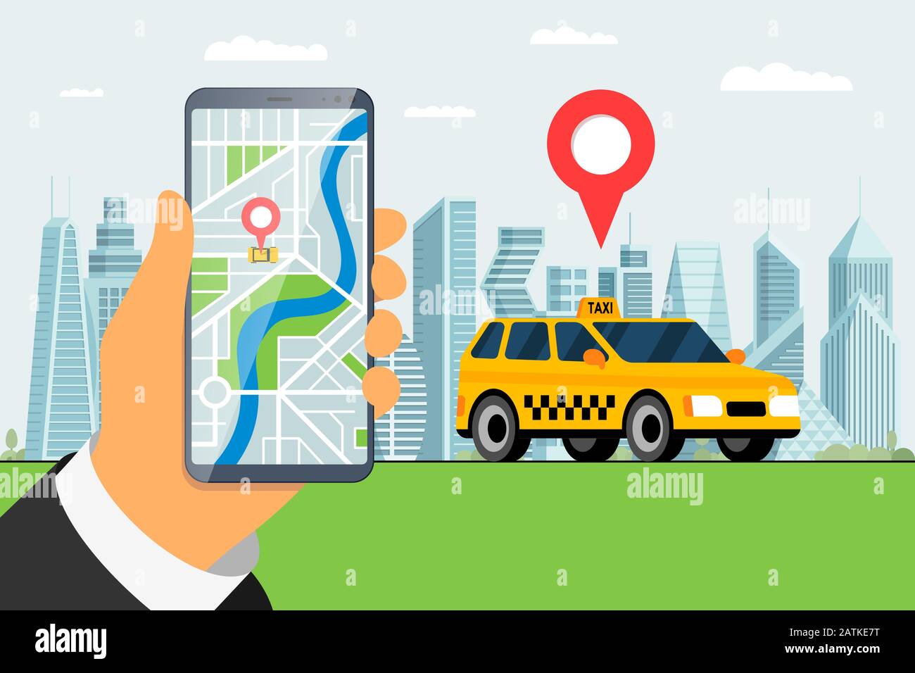 Taxi ordering service app concept. Hand holding smartphone with geotag ...