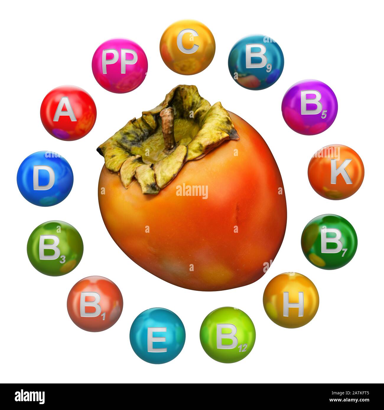 Vitamins in persimmon, 3D rendering isolated on white background Stock ...