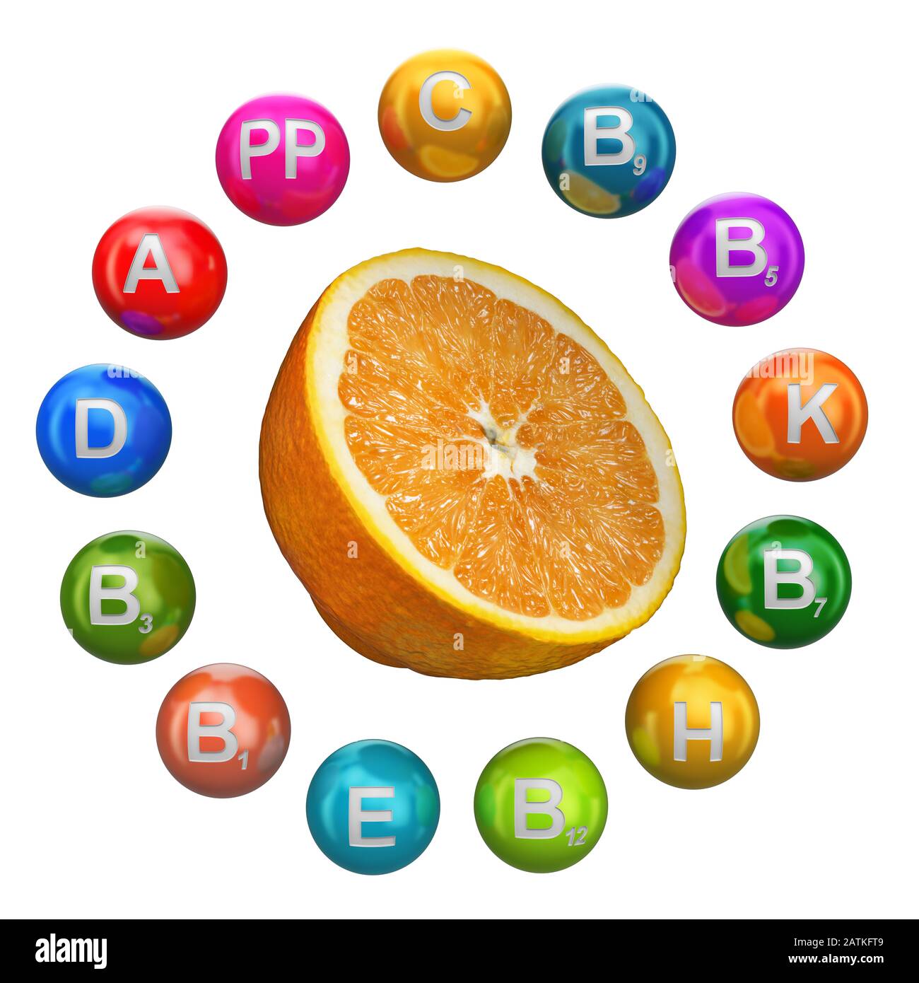 Vitamins in orange, 3D rendering isolated on white background Stock ...