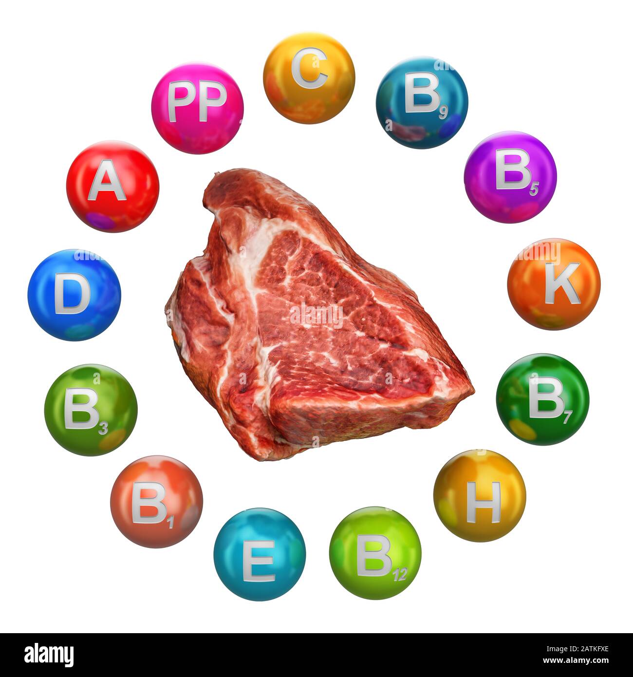 Vitamins in pork meat, 3D rendering isolated on white background Stock ...