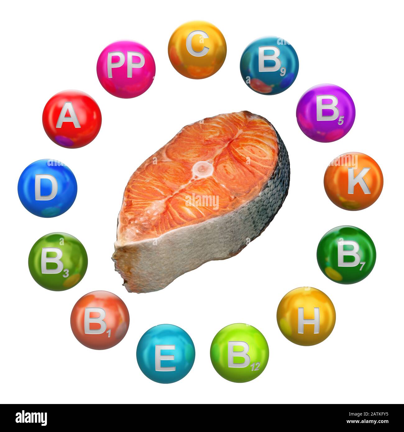 Vitamins in red fish, 3D rendering isolated on white background Stock ...