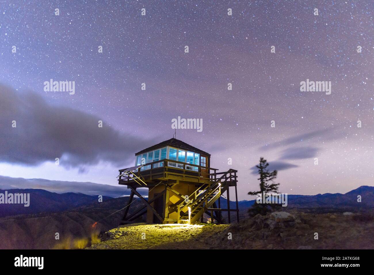 Fire Lookout Tower At Night With Stars Stock Photo - Alamy