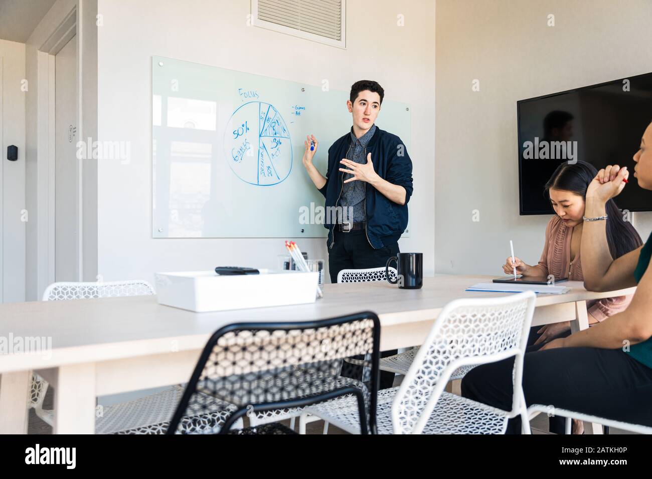 businessman explaining diagram on whiteboard to colleagues in meeting ...