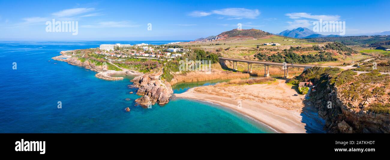 Aerial view of beautiful natural big rock arch Kamara Geropotamou, near ...
