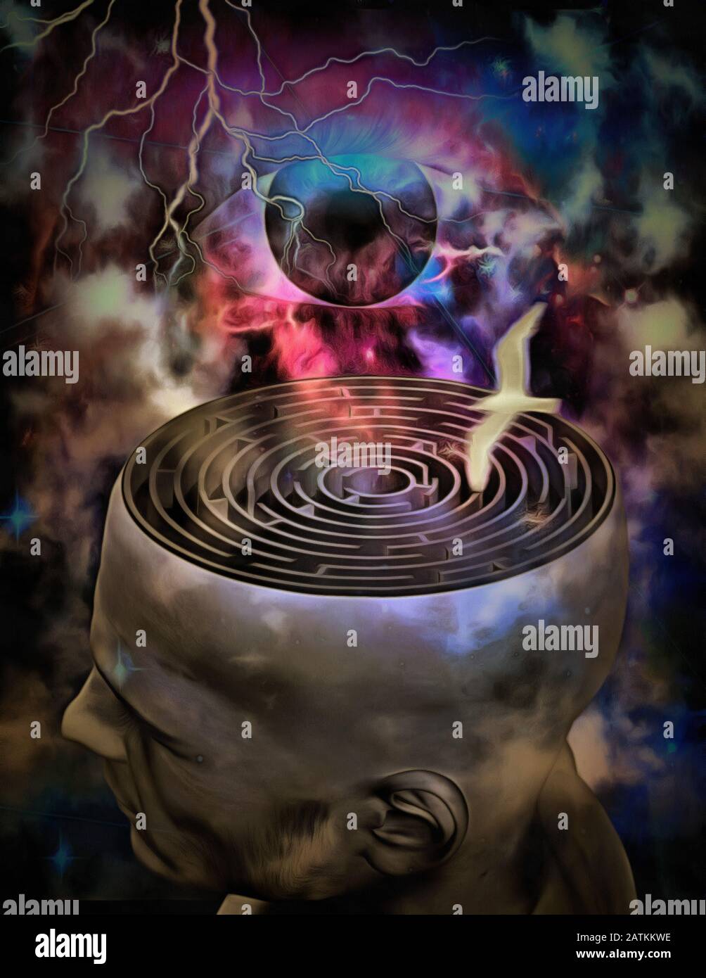 Surrealism. Maze inside man's head. Eye of God, lightning and flying ...