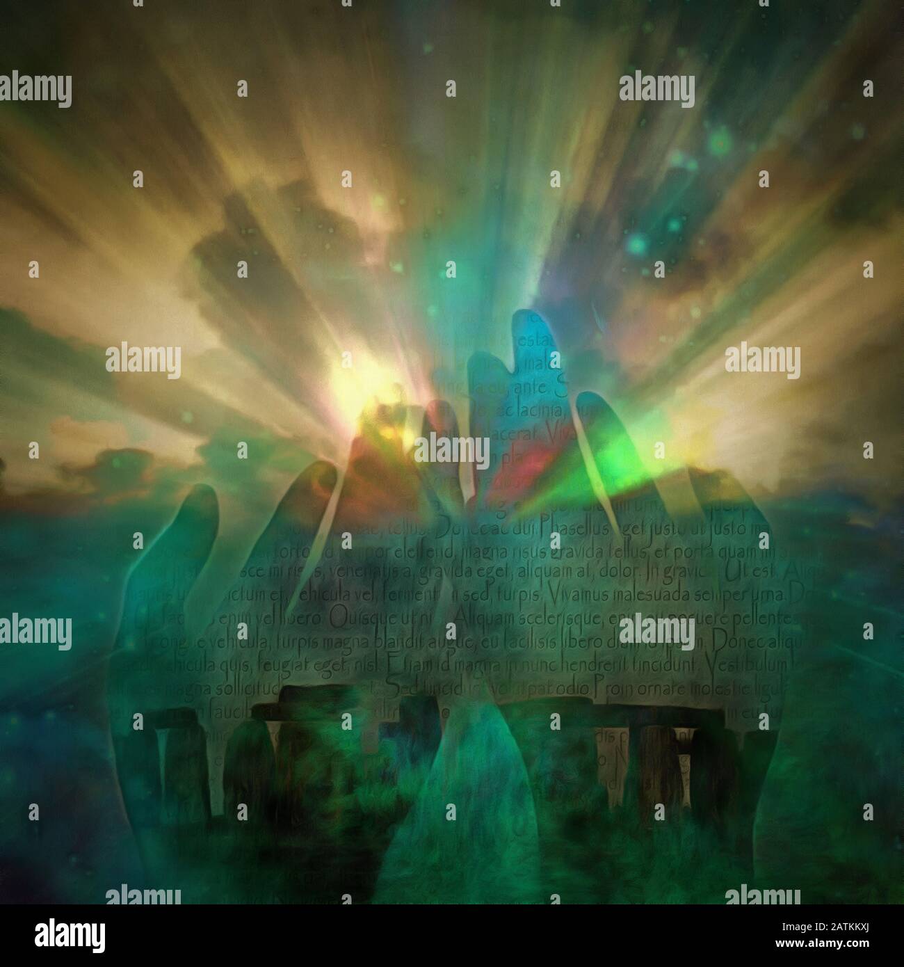 Symbolism. Ancient temple. Light through human's hands Stock Photo - Alamy