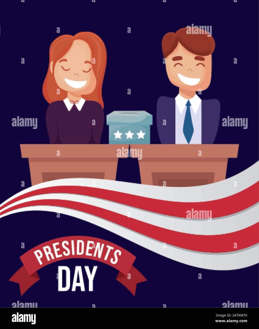 Man and woman cartoon on podium design, Usa happy presidents day ...