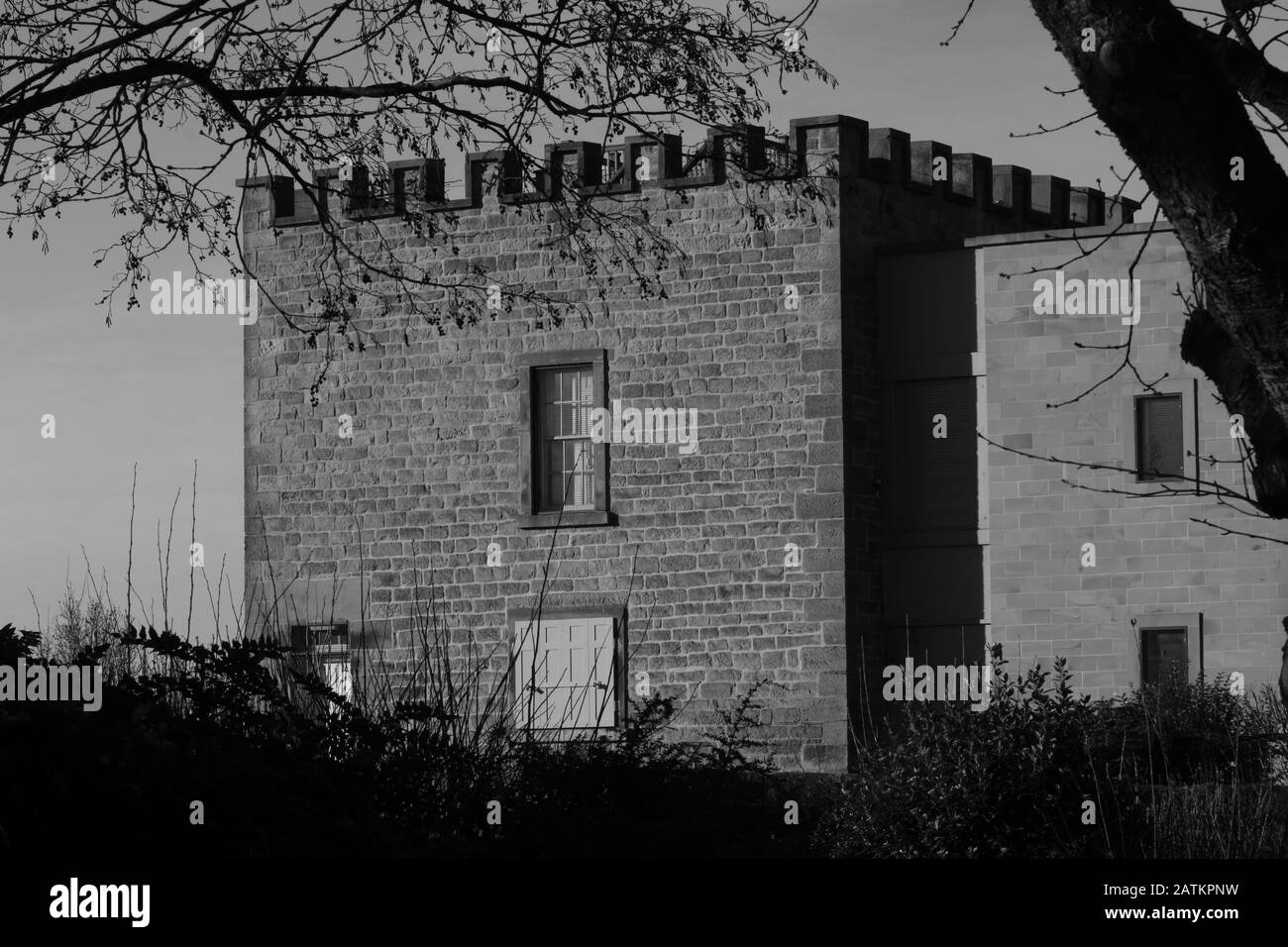 a black and white image of Boston Castle a hunting lodge in Rotherham ...