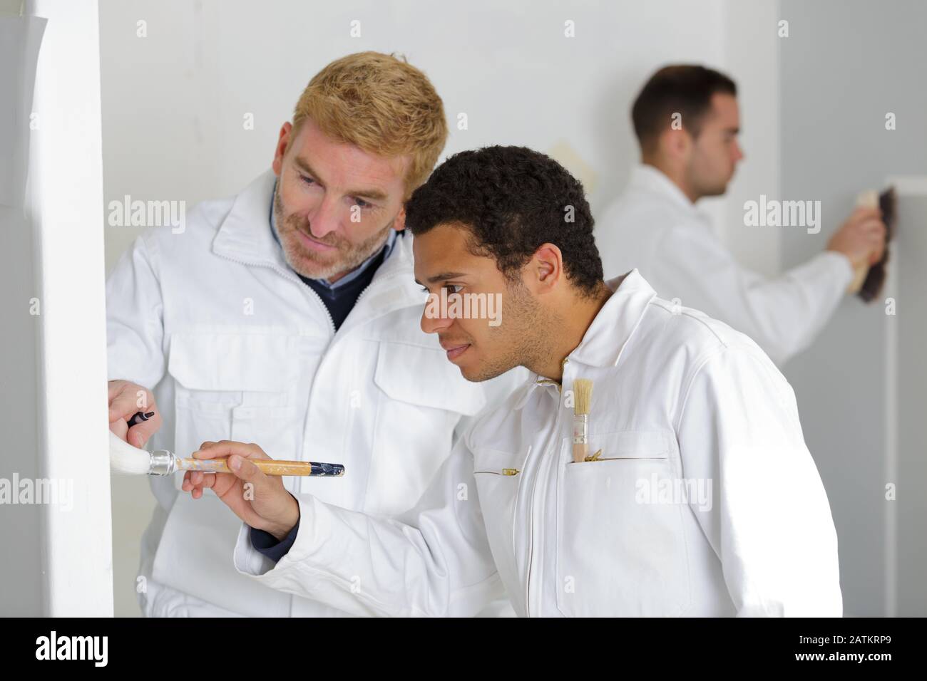 portrait of supervisor guiding trainee decorator Stock Photo - Alamy
