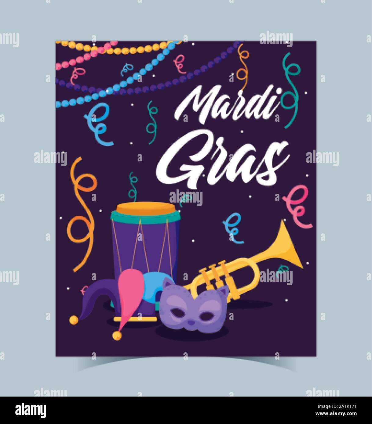 Mardi gras mask hat trumpet and drum design, Party carnival decoration ...