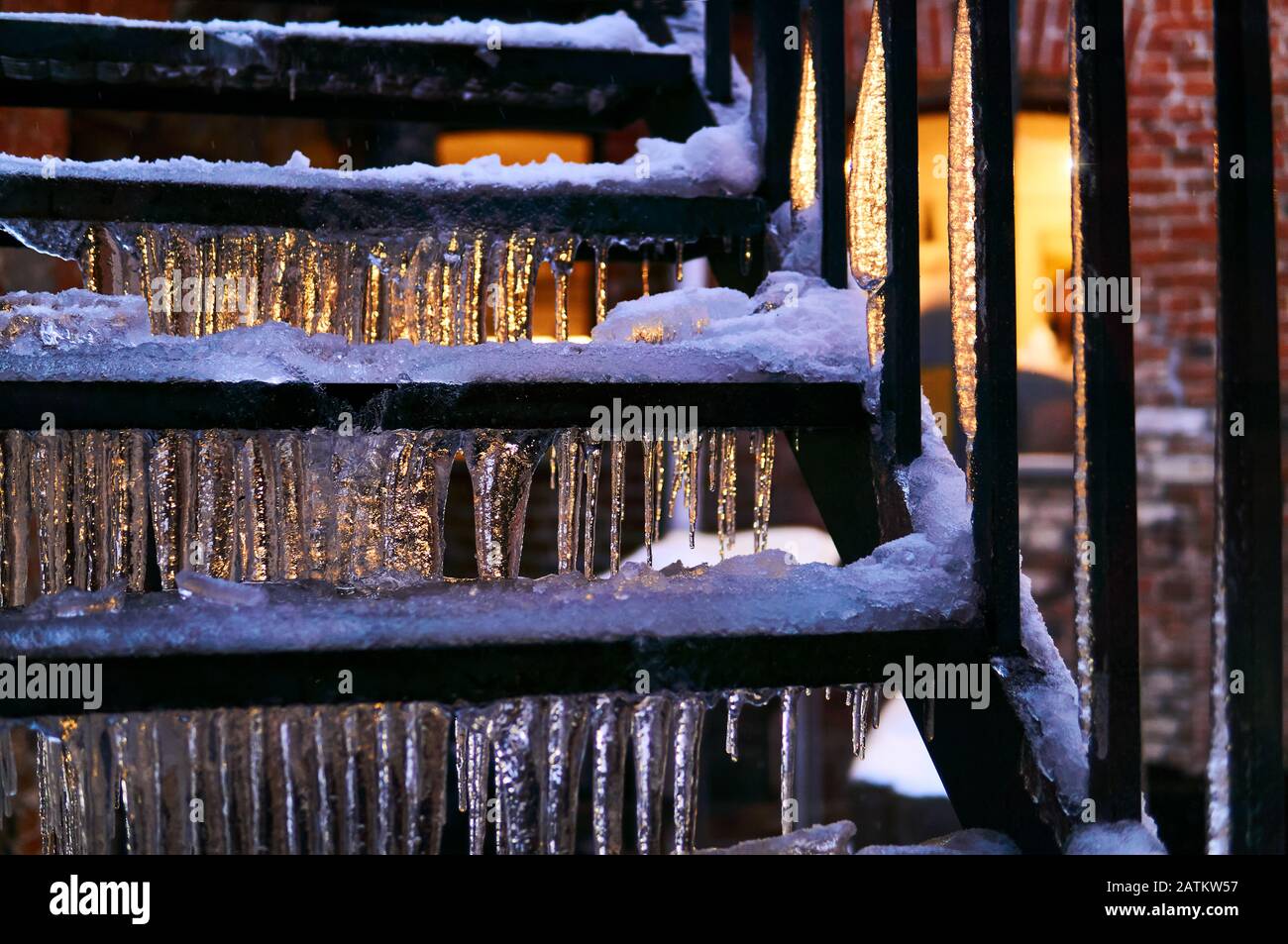 winter background - outdoor staircase at evening twilight covered with ...