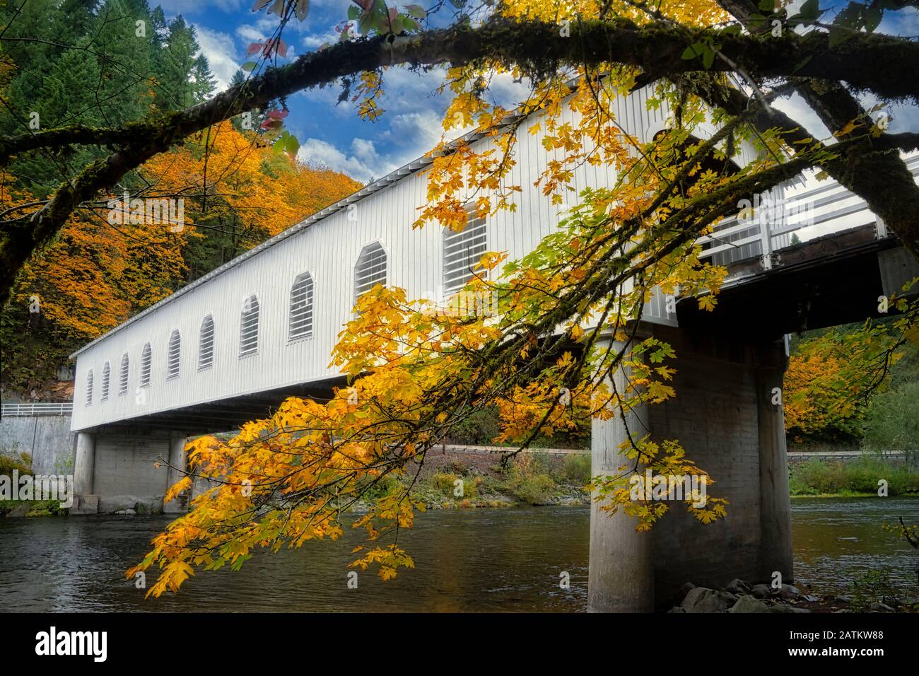 Goodpasrture Bridge over Mckenzie River with fall color. Oregon Stock ...