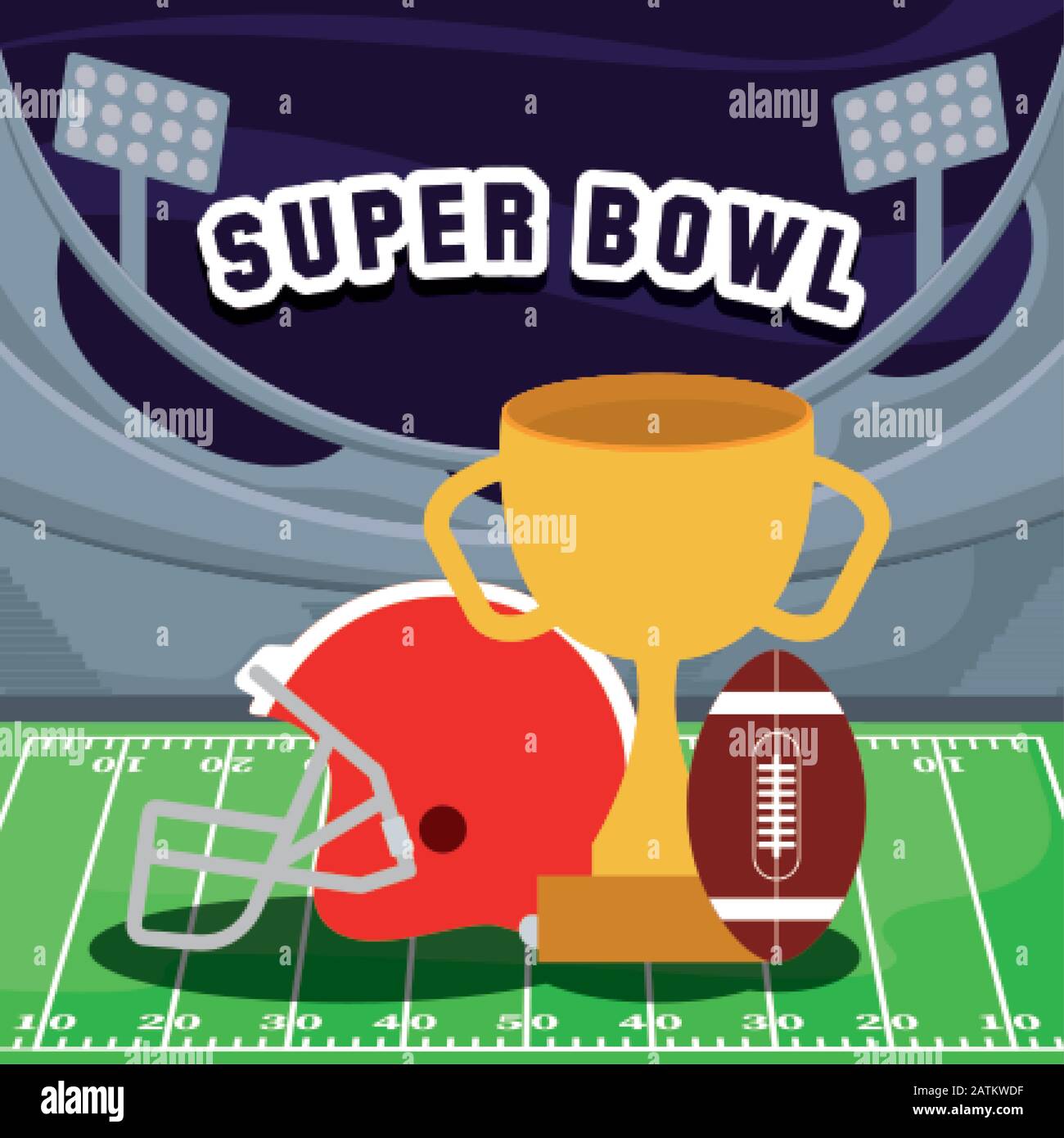Helmet ball and trophy over field design, Super bowl american football ...