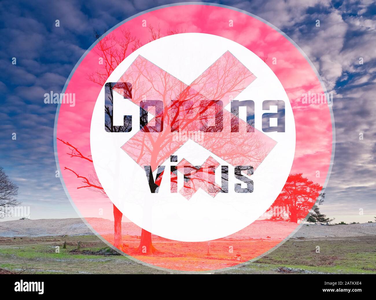 Soft image of a dutch landscape, red round stop sign with Coronavirus ...