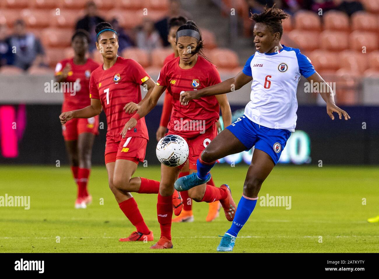 Houston, Texas, USA. 03rd Feb, 2020. Haiti midfielder Melchie Dumonay (6) volleys the ball in ...