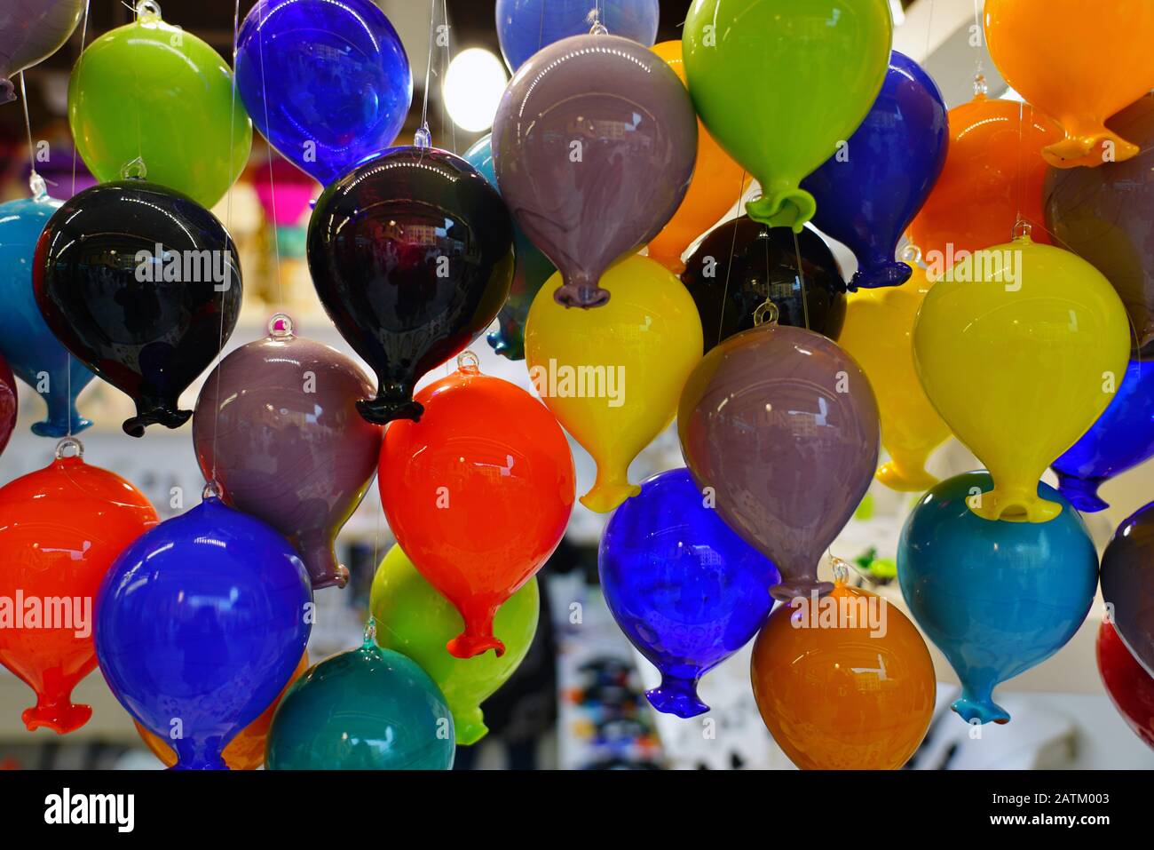Hanging display of decorative balloons made of Murano glass Stock Photo ...