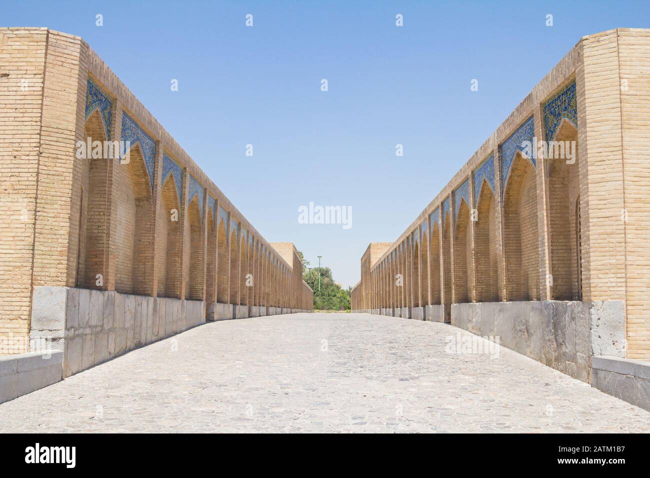 Perspective of the Khajoo bridge is Isfahan, iran, during a sunny ...