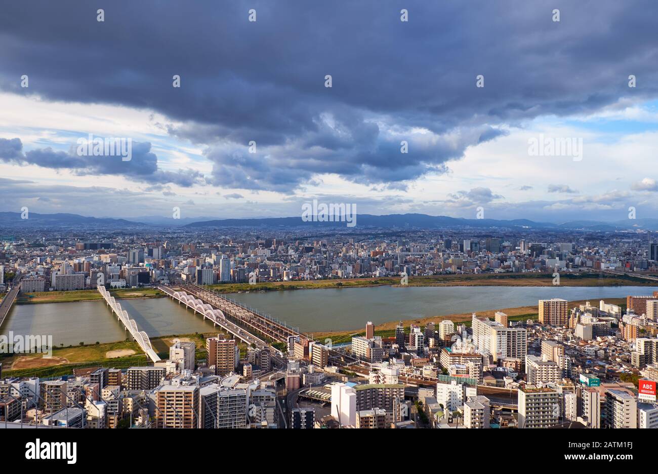 OSAKA, JAPAN - OCTOBER 15, 2019: The view of megapolis and Yodo River ...