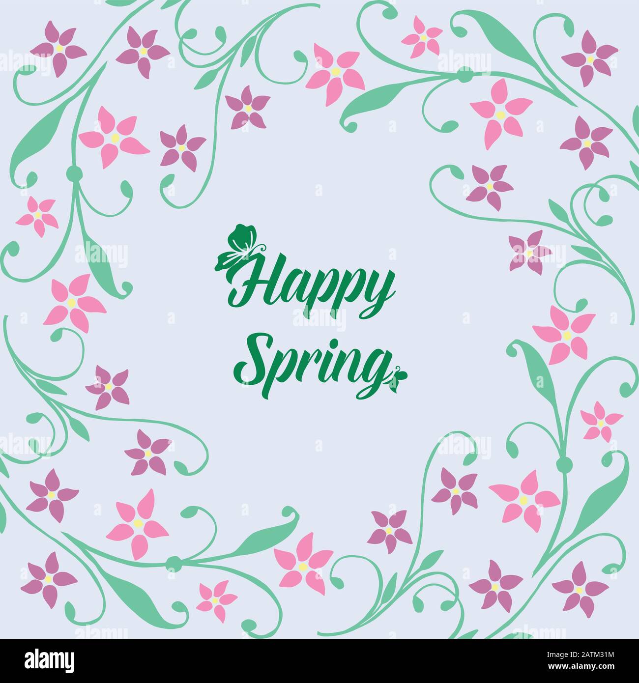 Happy spring greeting card design, with seamless leaf and floral frame ...
