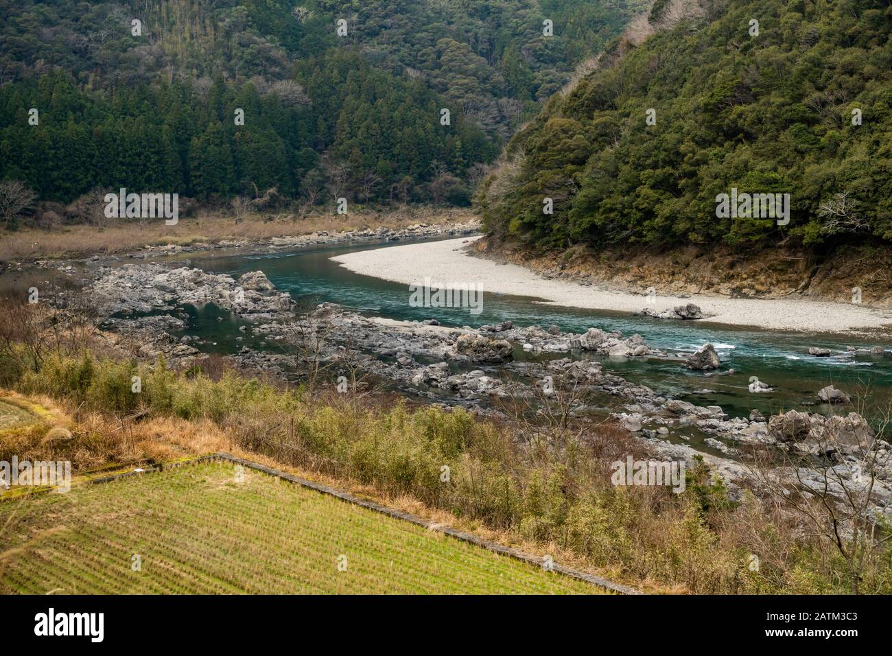 A view of the Shimanto River seen from a Shikoku Railway Company (JR ...