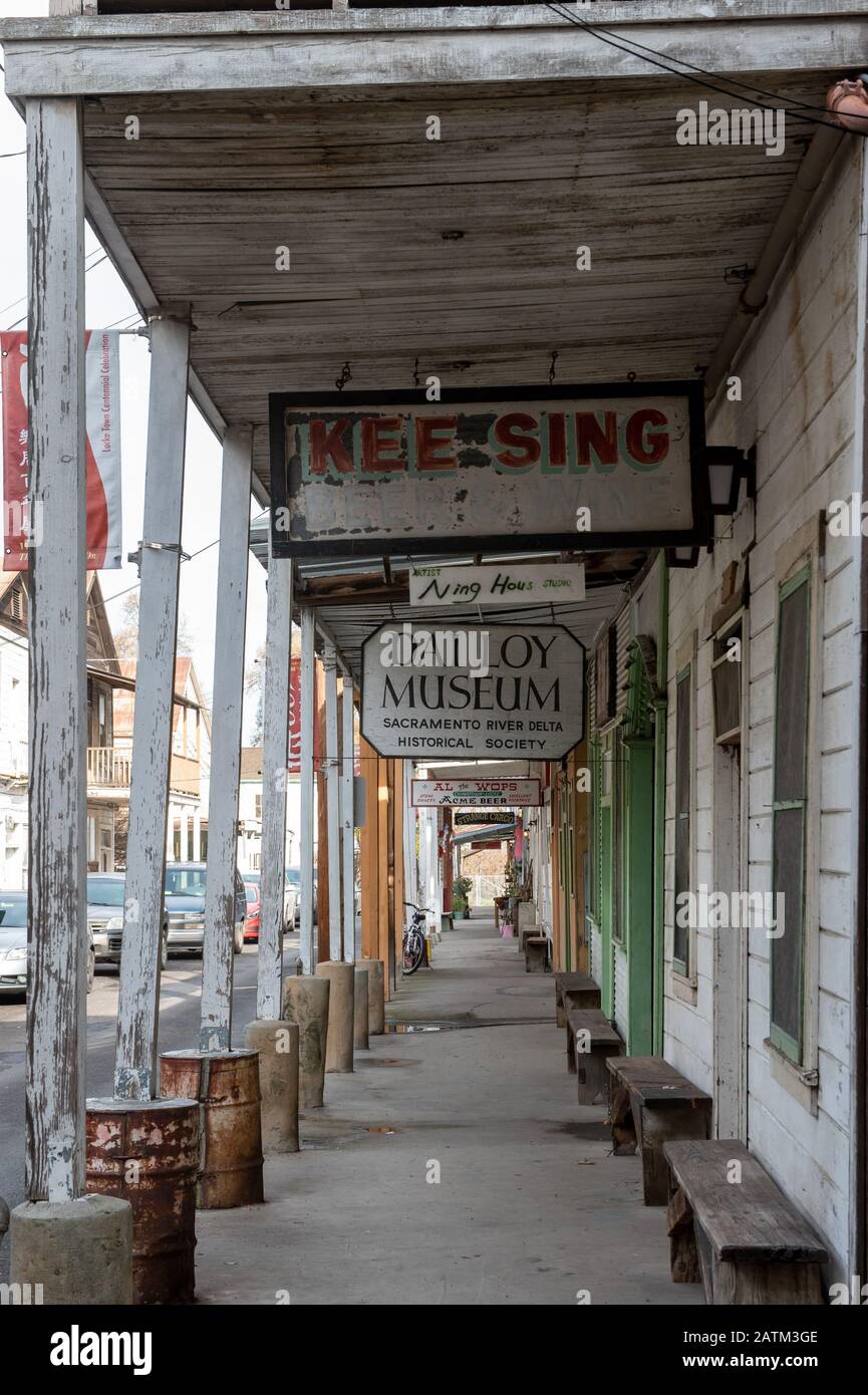 Walnut Grove, California, USA, January 12, 2020 - Overview of a sidelwak on the main street of ...