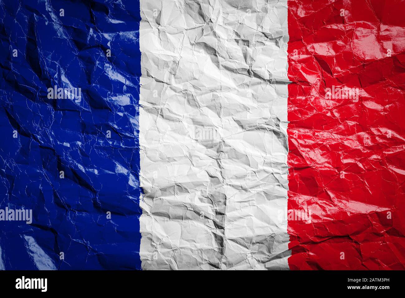 National flag of France on crumpled paper. Flag printed on a sheet ...