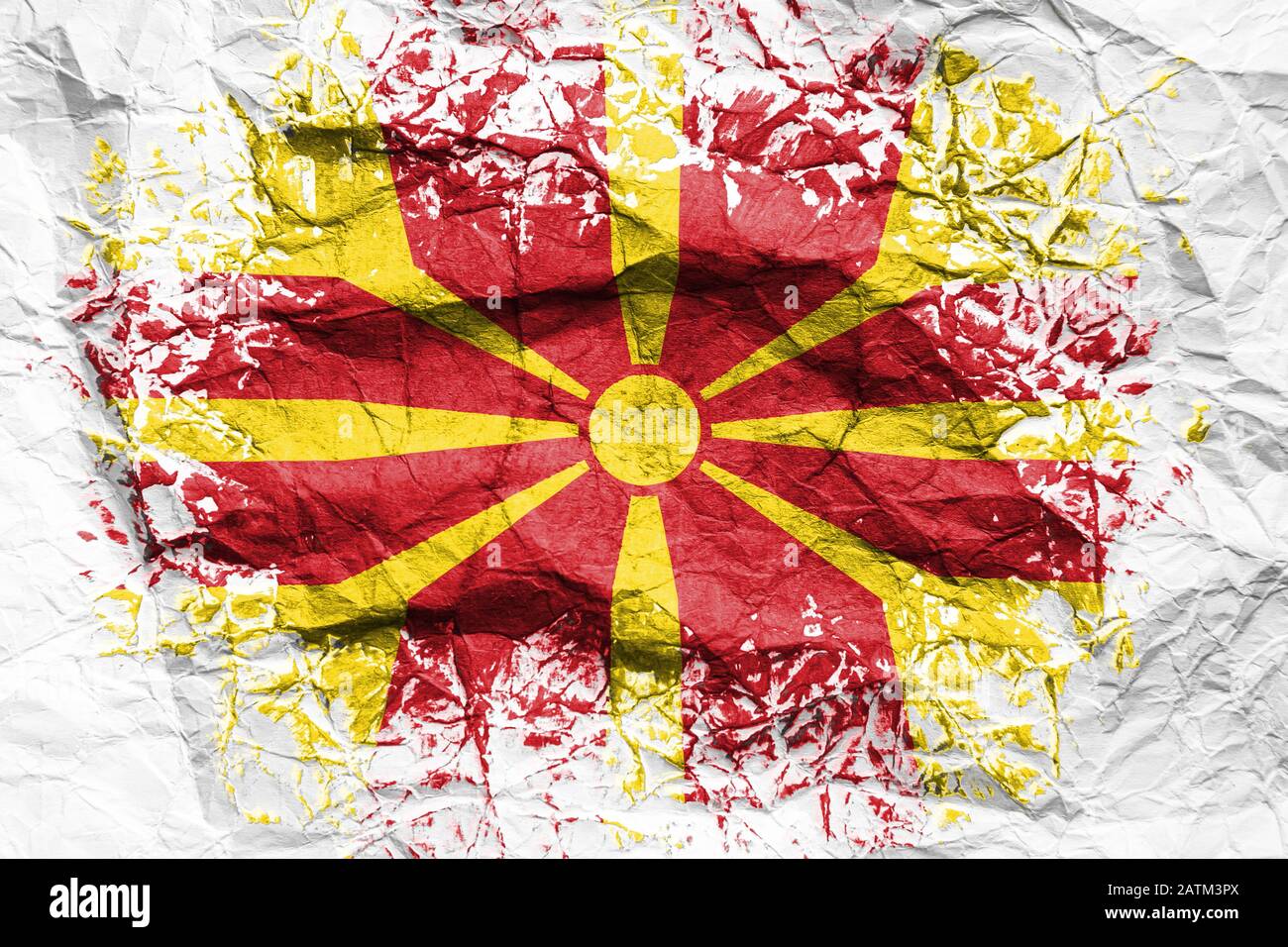 The national flag of the Macedonia is painted on crumpled paper. Flag ...