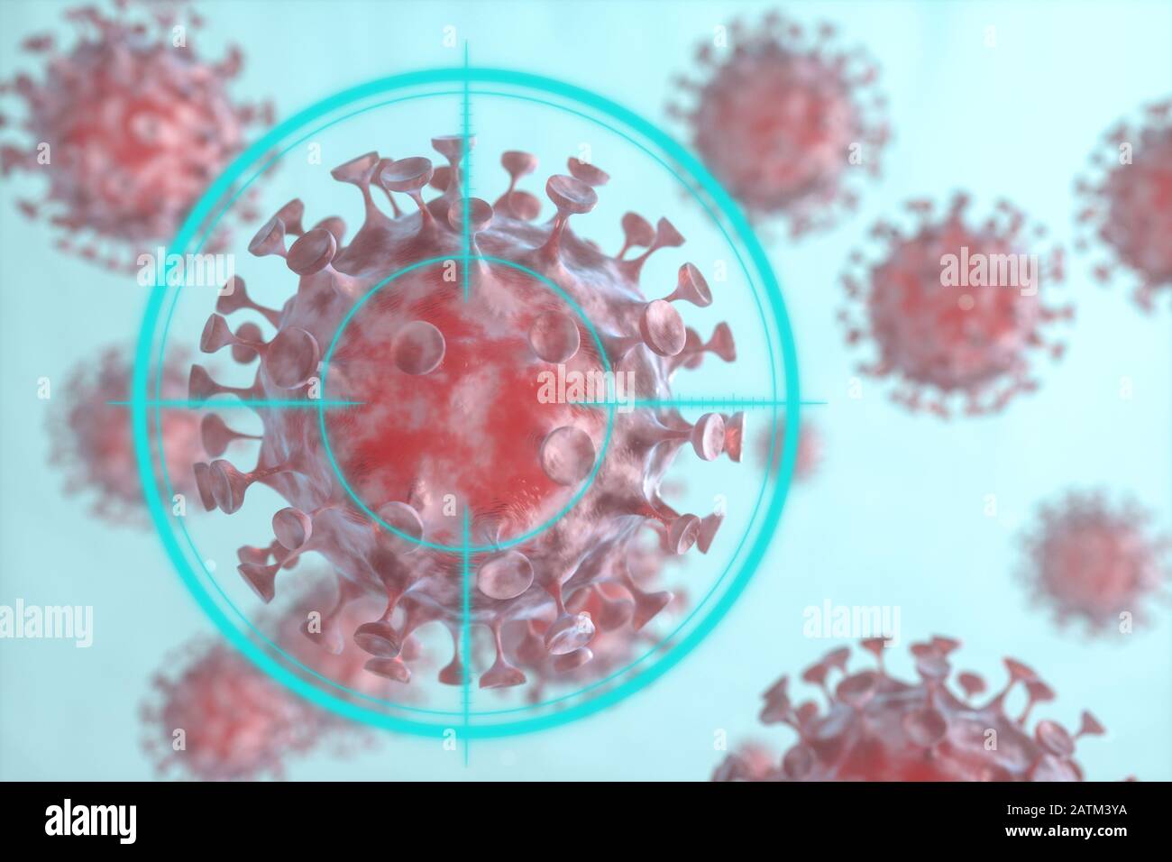 Dispersed corona viruses with aiming target, 3d rendering. Computer ...