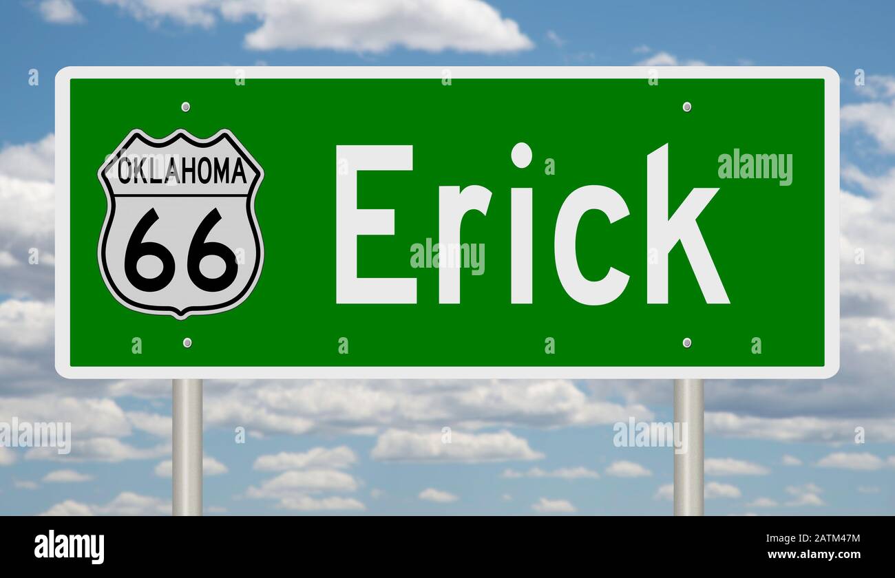 Rendering of a green 3d highway sign for Erick Oklahoma on Route 66 ...