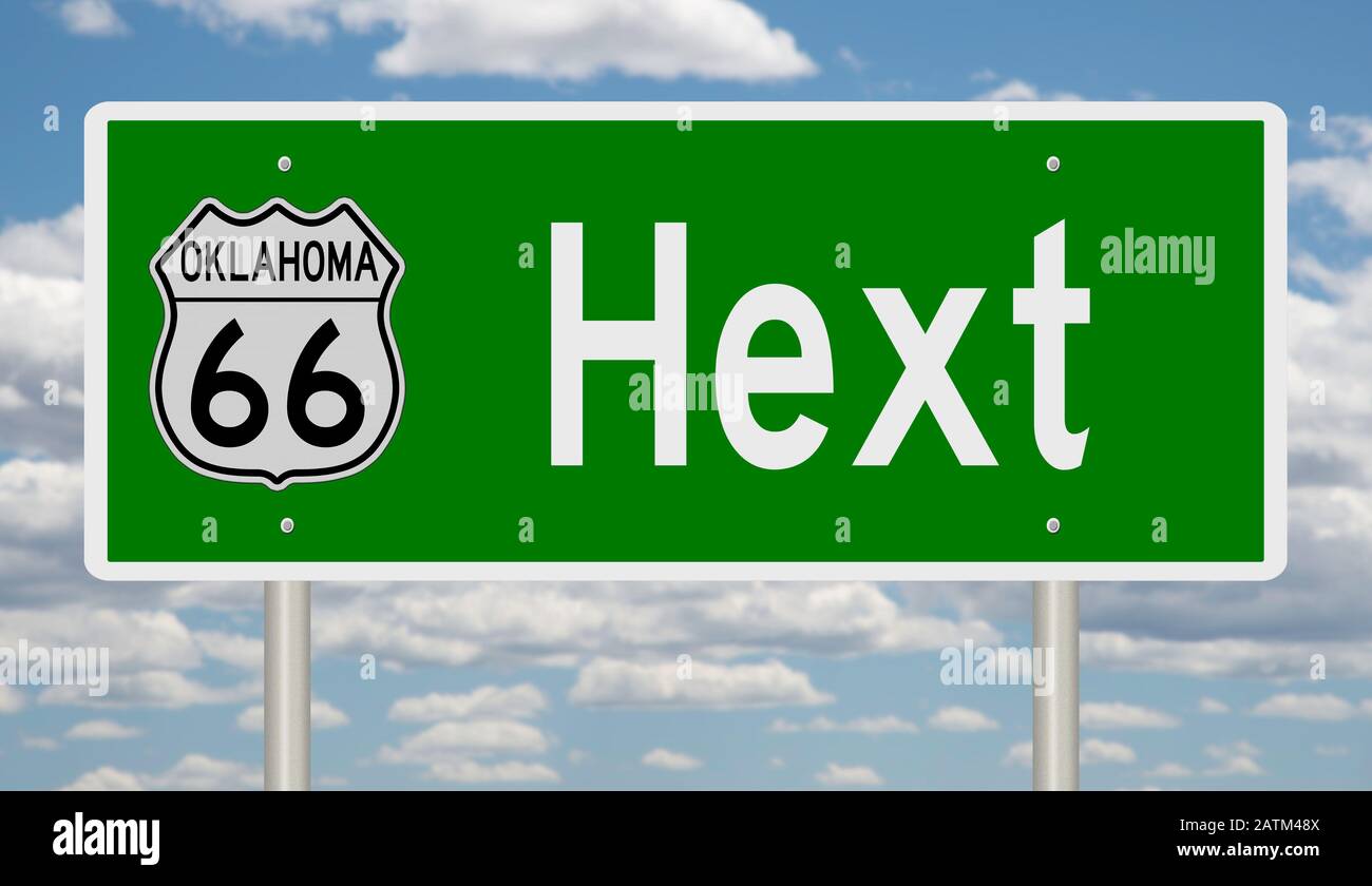 Rendering of a green 3d highway sign for Hext Oklahoma on Route 66 ...