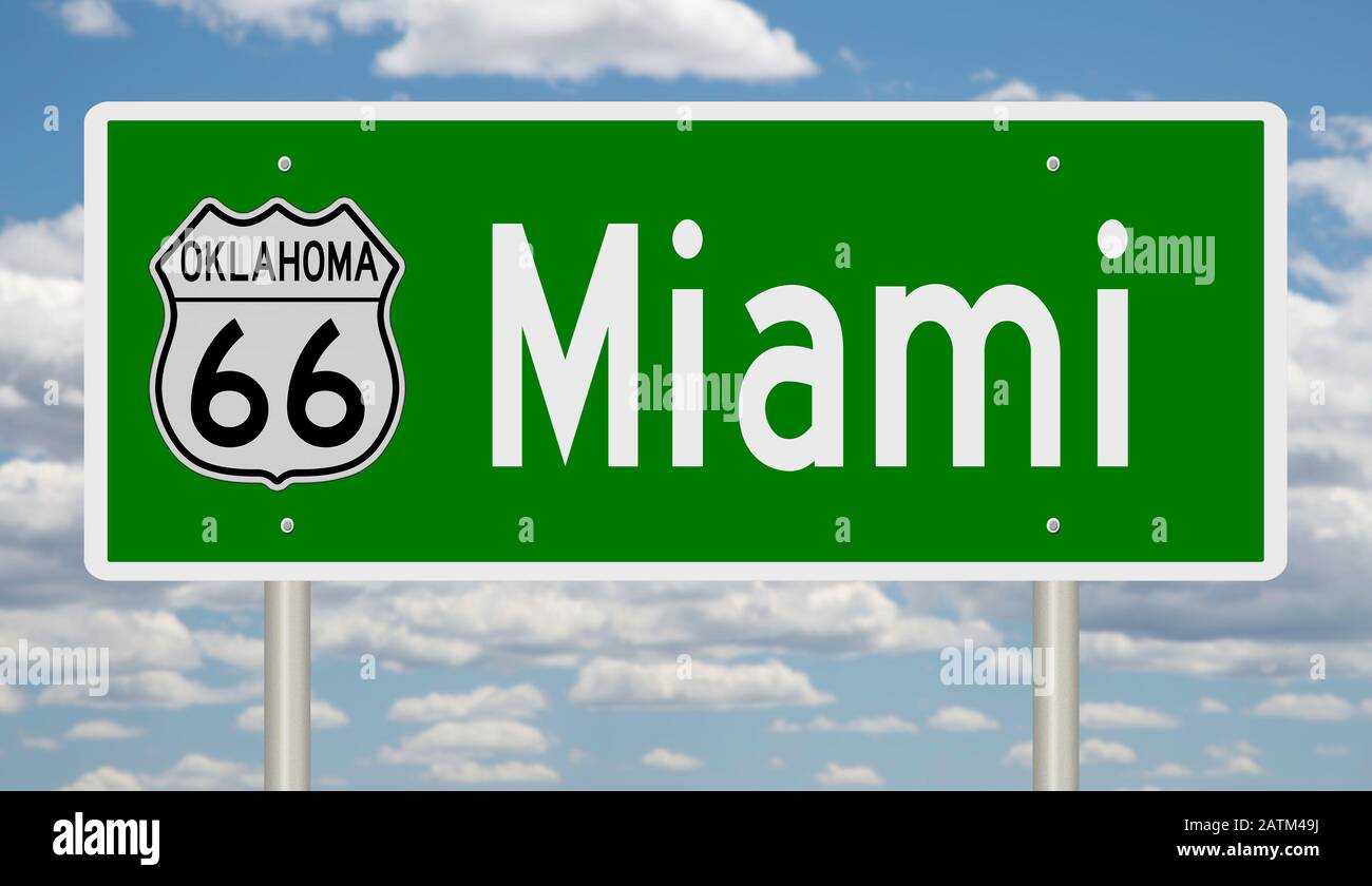 Rendering of a green 3d highway sign for Miami Oklahoma on Route 66 ...
