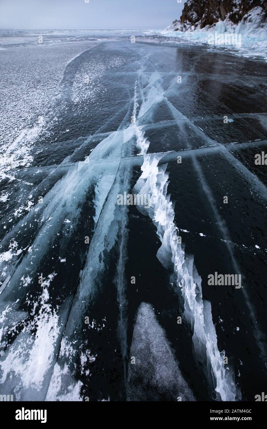 Closeup of lake ice detailed pattern during winter on a frozen lake ...