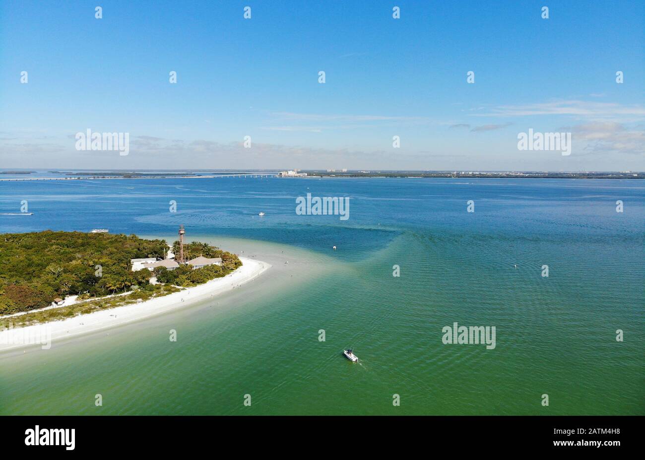 Aerial landscape view of the lighthouse and lighthouse beach on Sanibel ...