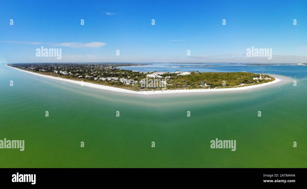 Aerial landscape view of the lighthouse and lighthouse beach on Sanibel ...