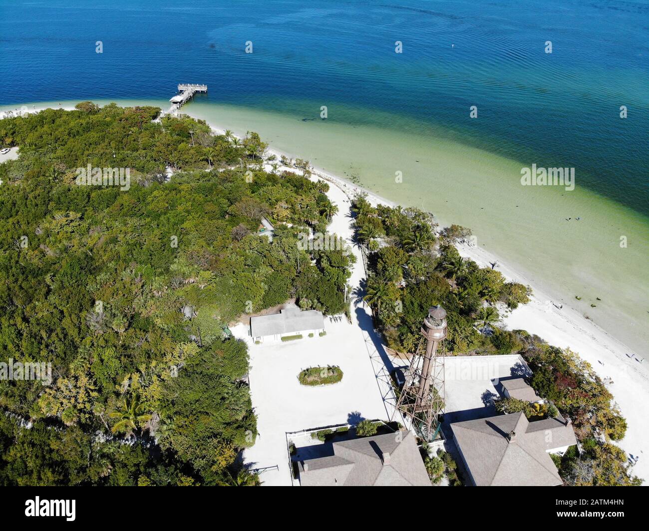 Aerial landscape view of the lighthouse and lighthouse beach on Sanibel ...