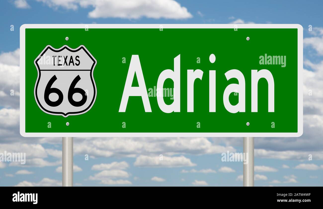 Rendering of a green 3d highway sign for Adrian Texas on Route 66 Stock ...