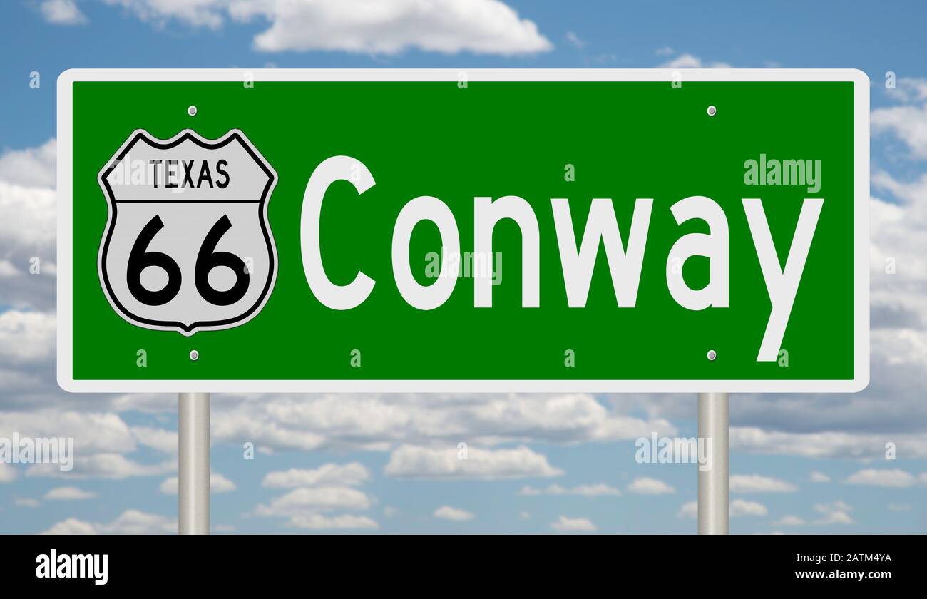 Rendering of a green 3d highway sign for Conway Texas on Route 66 Stock ...